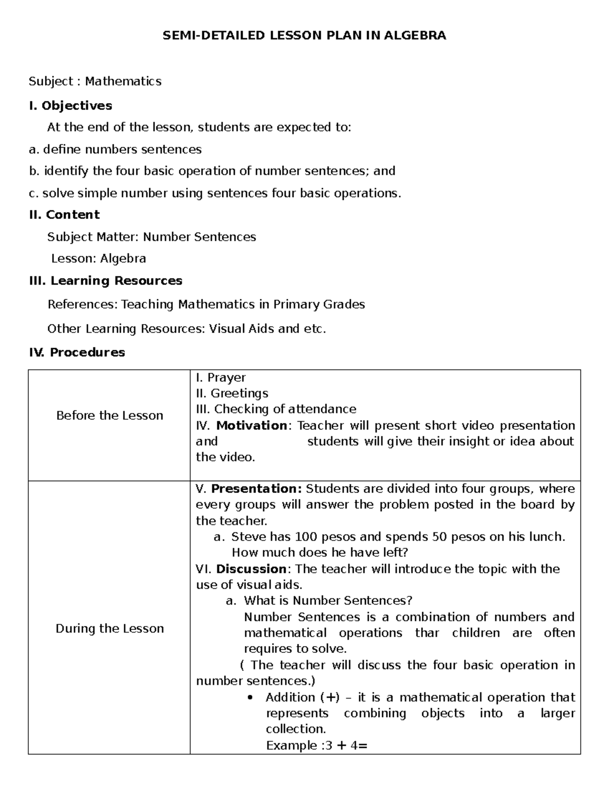 Lesson-PLAN 1 - Nice - SEMI-DETAILED LESSON PLAN IN ALGEBRA Subject ...