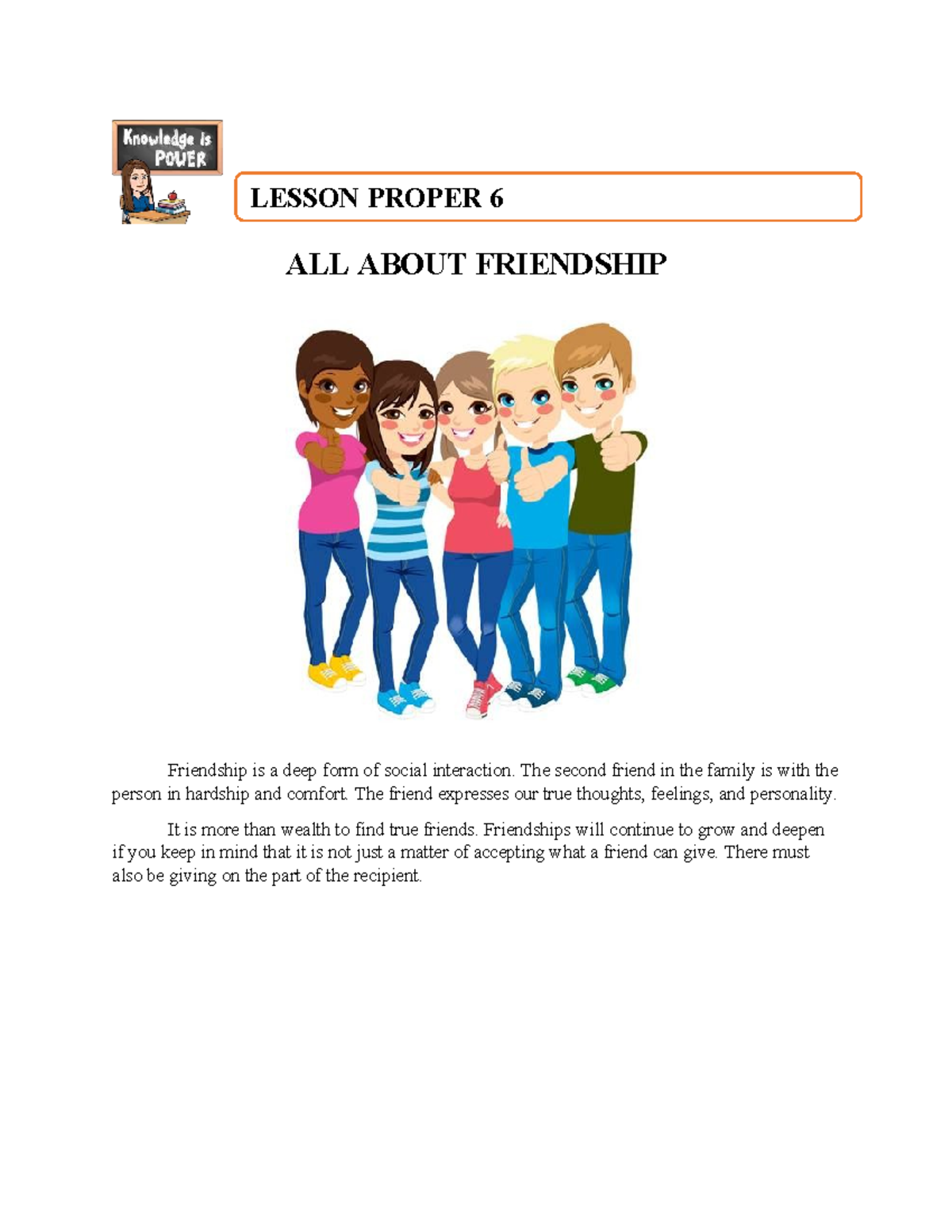 ESP 8 Lesson Proper 6: Understanding the Depths of Friendship - Studocu