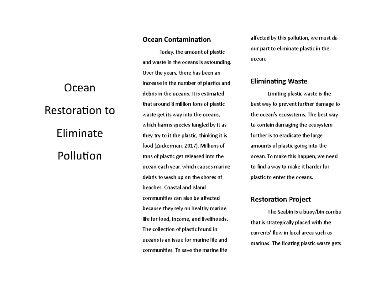 Restoration Pamphlet - Assignment - Ocean Restoration to Eliminate ...