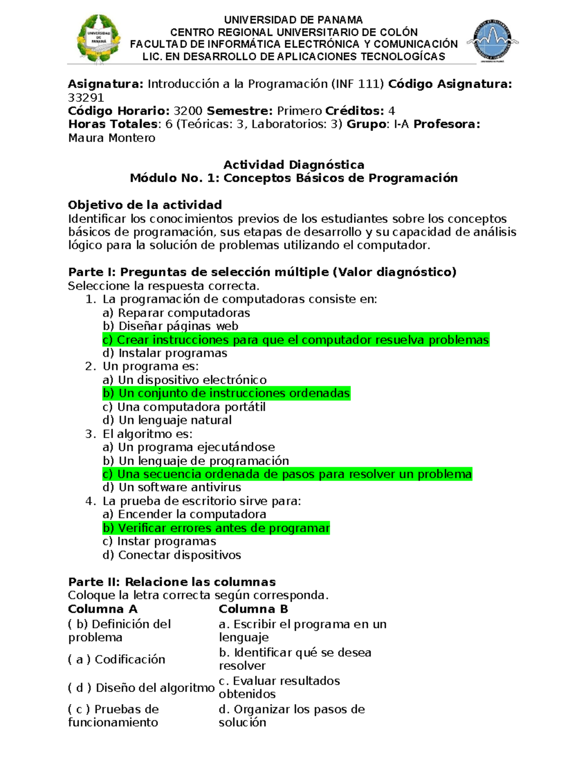 Actividad Diagnóstica: Conceptos Básicos de Programación (INF 33291 ...
