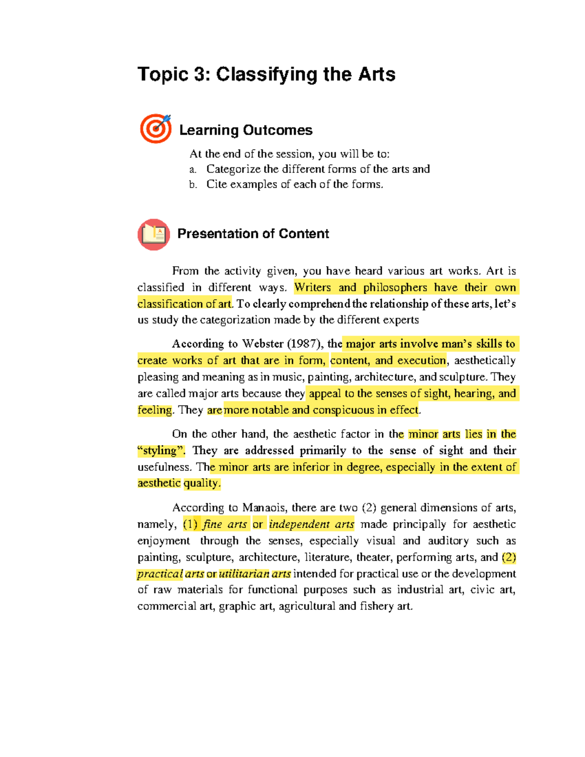 Topic 3 Classifying THE ARTS - Topic 3: Classifying the Arts Learning ...