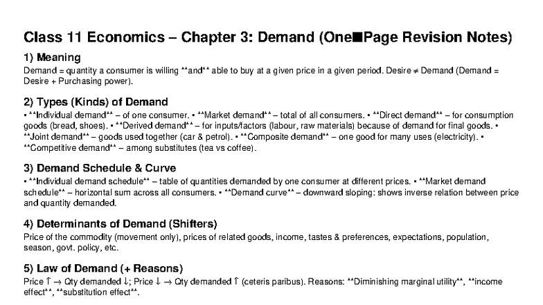 Class 11 Economics Chapter 3: Demand Revision Notes - Studocu