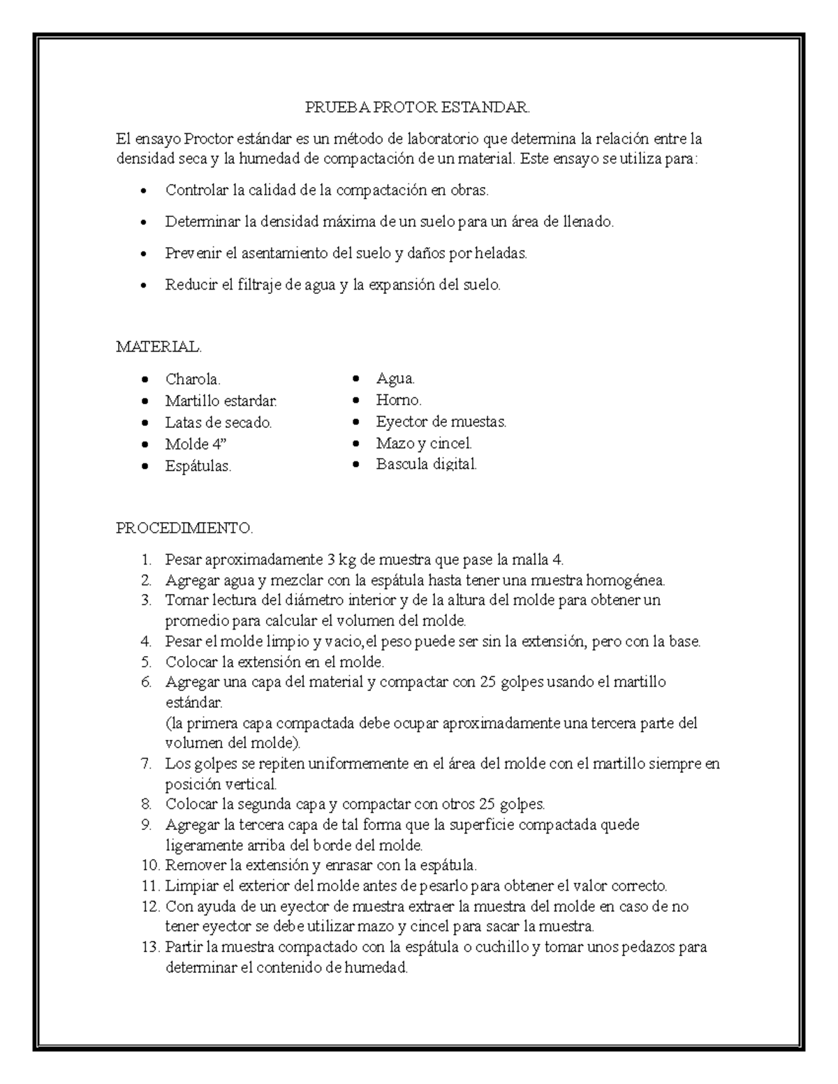 PRUEBA PROCTOR ESTÁNDAR: Método de Compactación de Suelos - Studocu