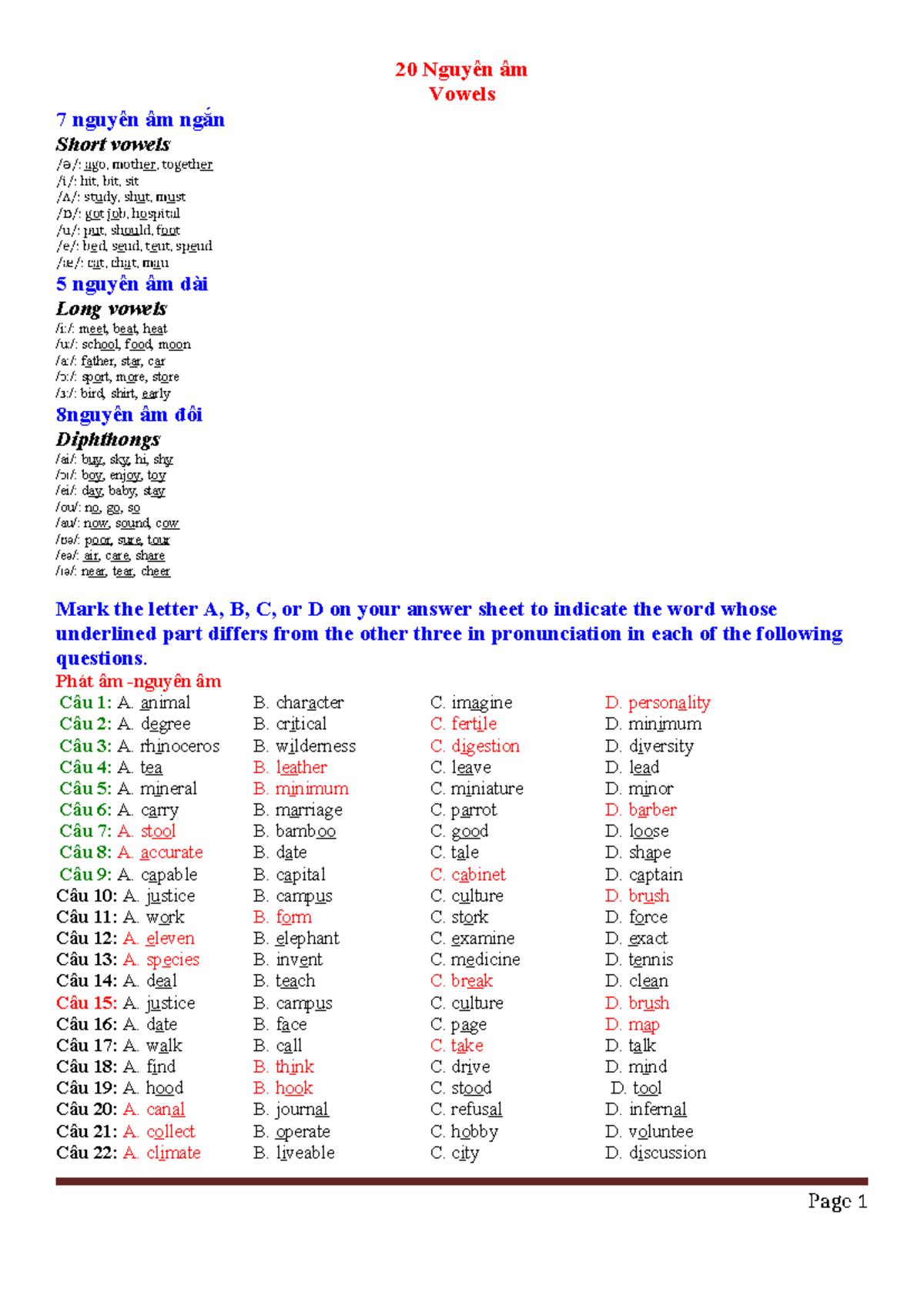 20 Vowels & Pronunciation Practice for Câu 1+2 (HS) - Studocu