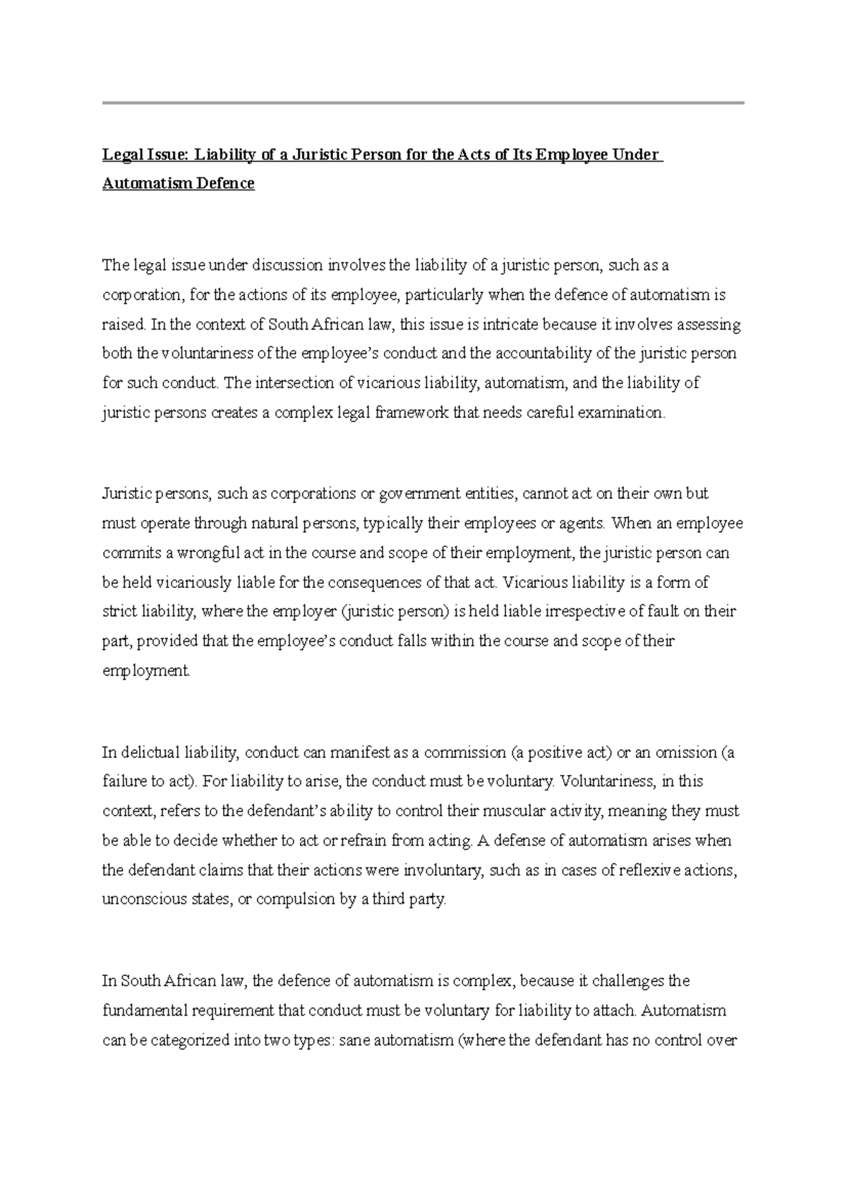 Delict Assignment: Juristic Liability & Automatism Defence Analysis ...