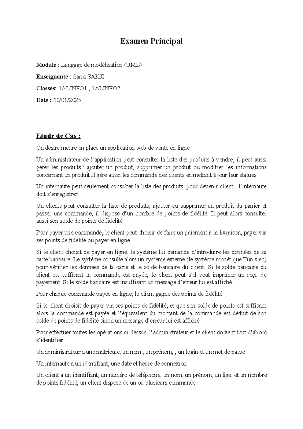 Examen Final UML : Développement d'une Application Web de Vente - Studocu