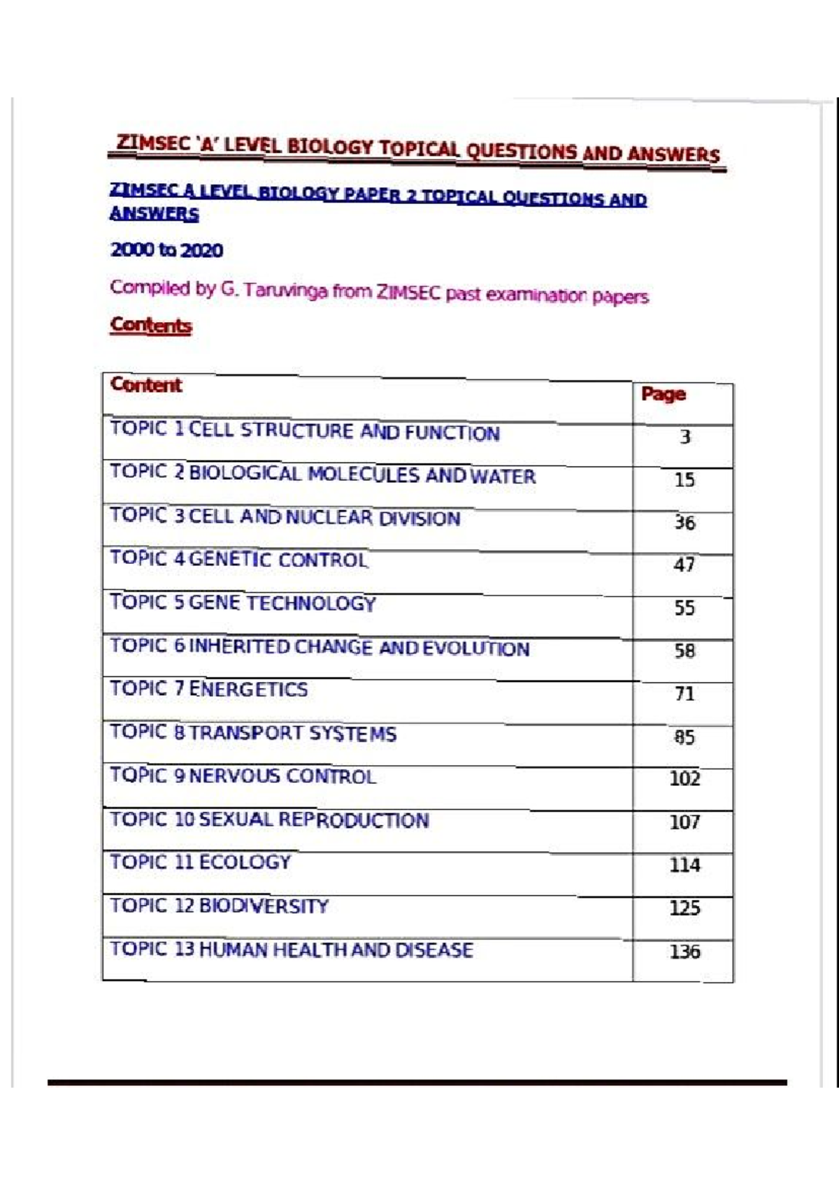 ZIMSEC A LEVEL BIOLOGY PAPER 2: TOPICAL QUESTIONS & ANSWERS - Studocu