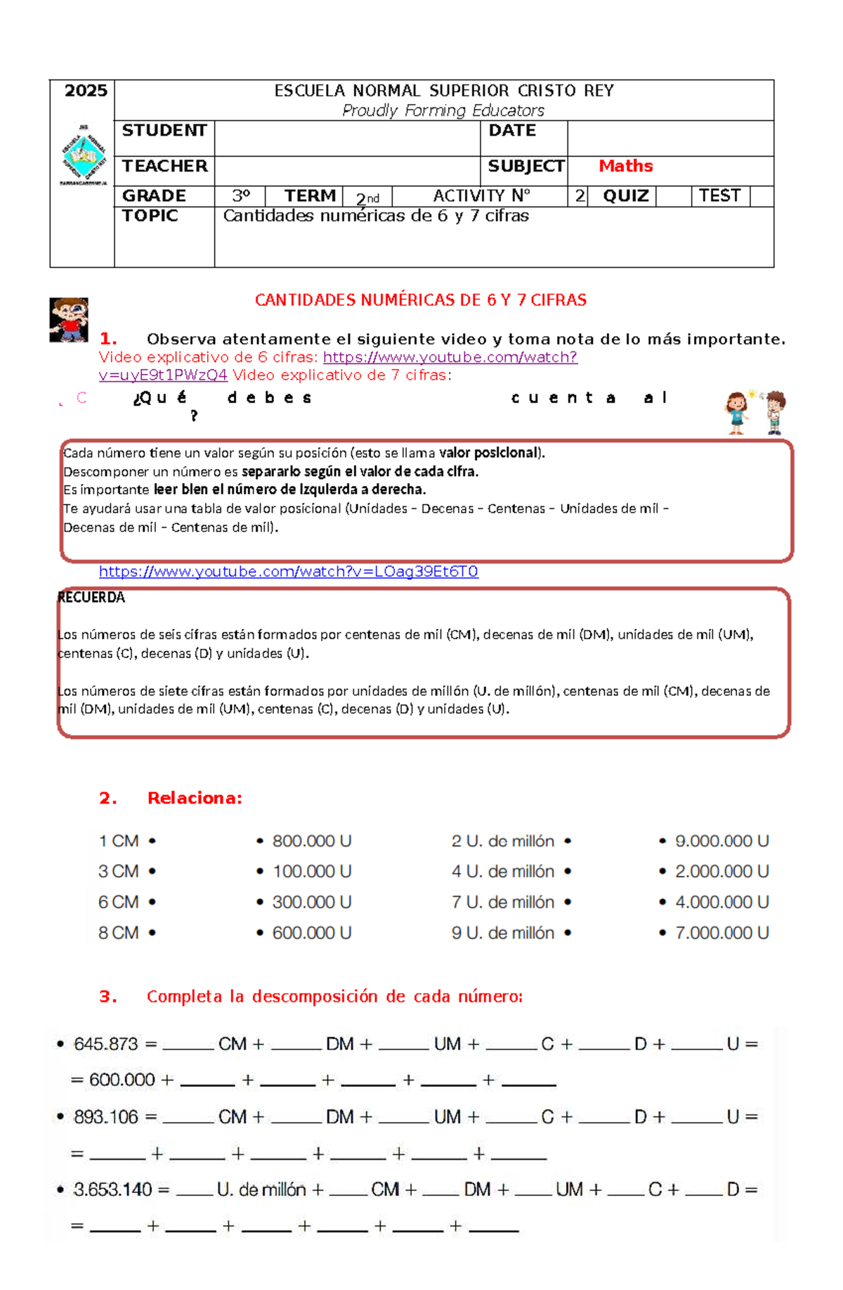 Maths 2 Quiz: Cantidades Numéricas de 6 y 7 Cifras - Term 2 - Studocu