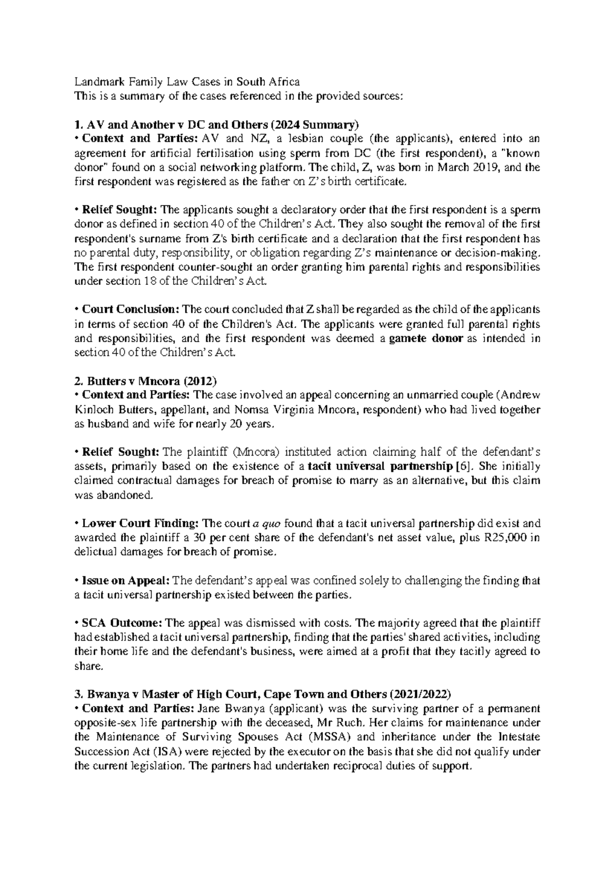Landmark Family Law Cases in South Africa: A Comprehensive Summary 1-12 ...