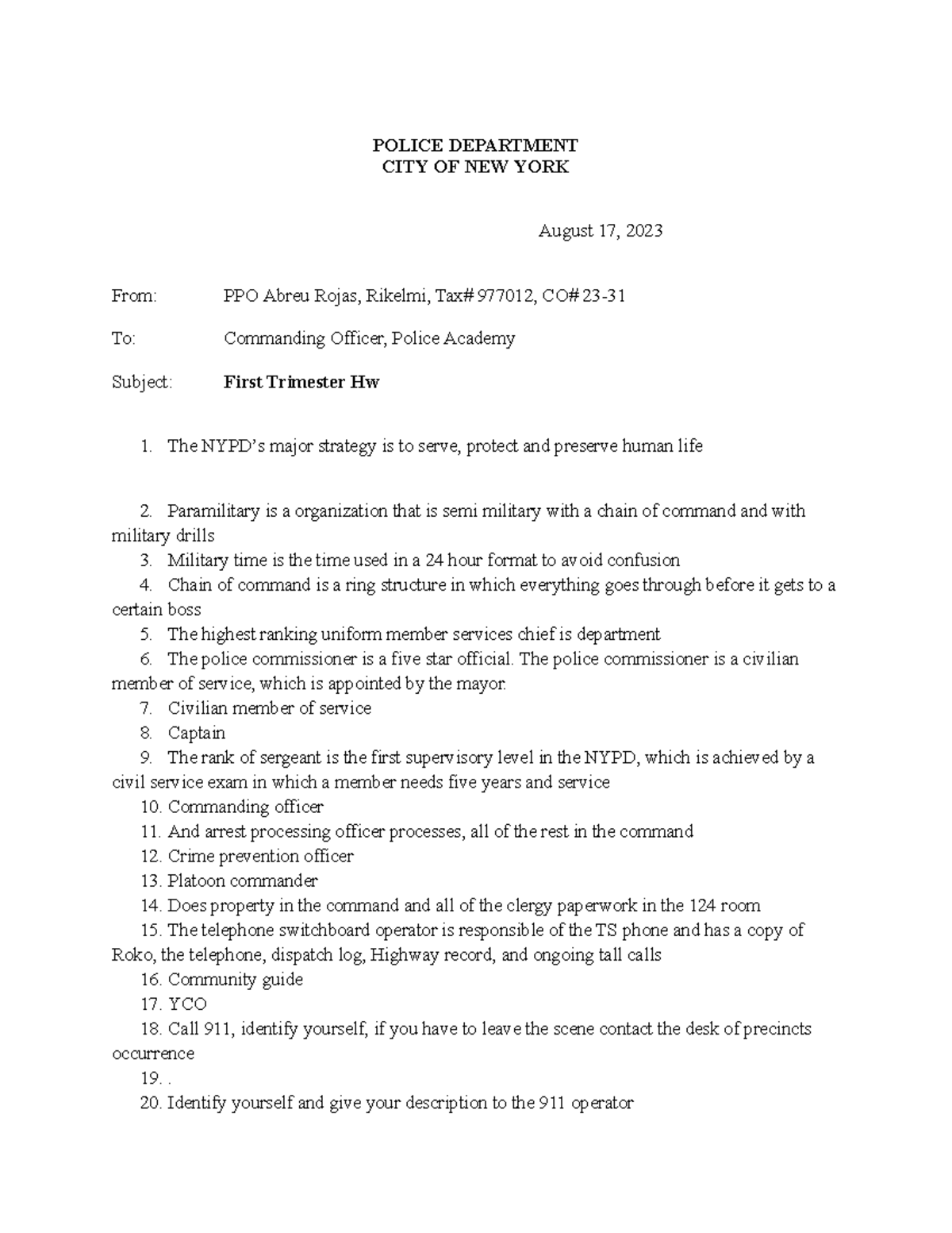 NYPD First Trimester Homework Notes - Police Academy Essentials - Studocu