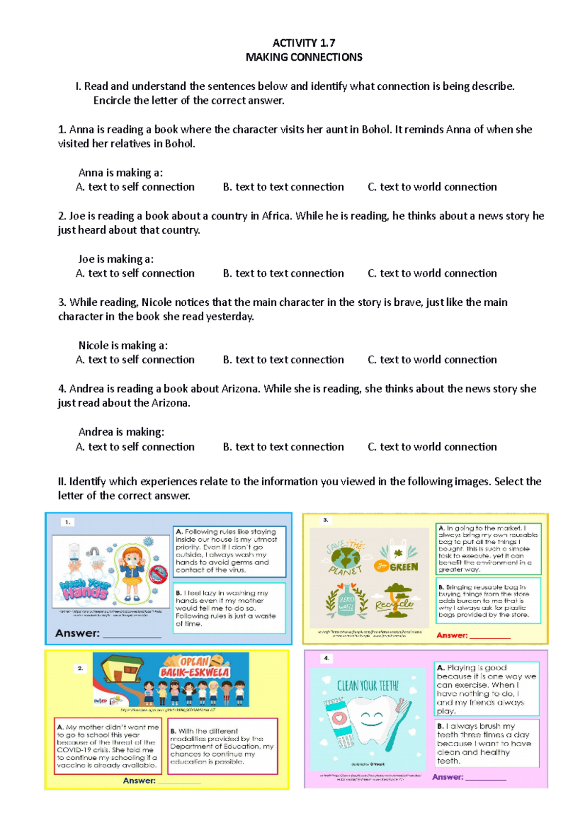 Activity 1.7: Making Connections in Reading Comprehension - Studocu