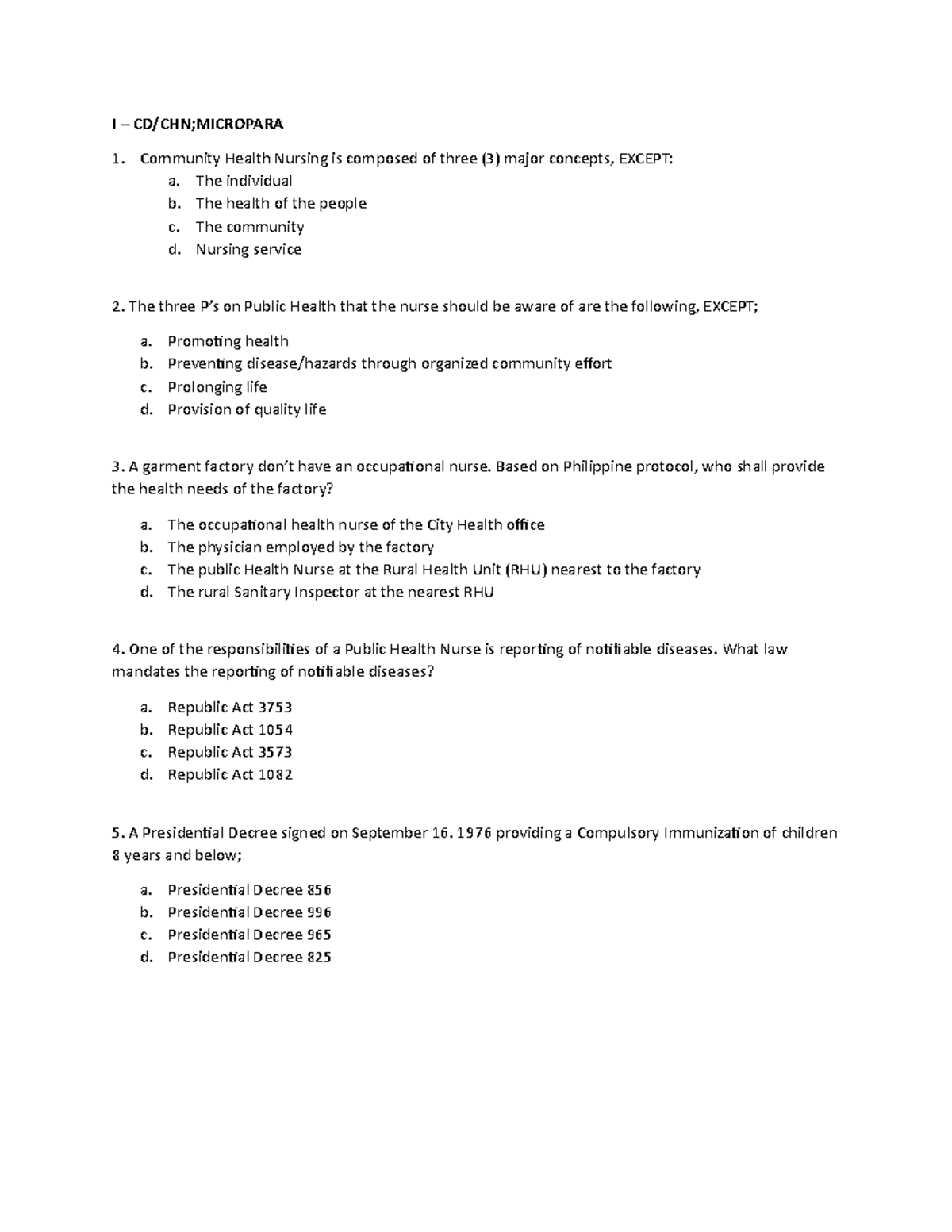 Battery EXAM LAST YEAR - Exams - I – CD/CHN;MICROPARA Community Health ...