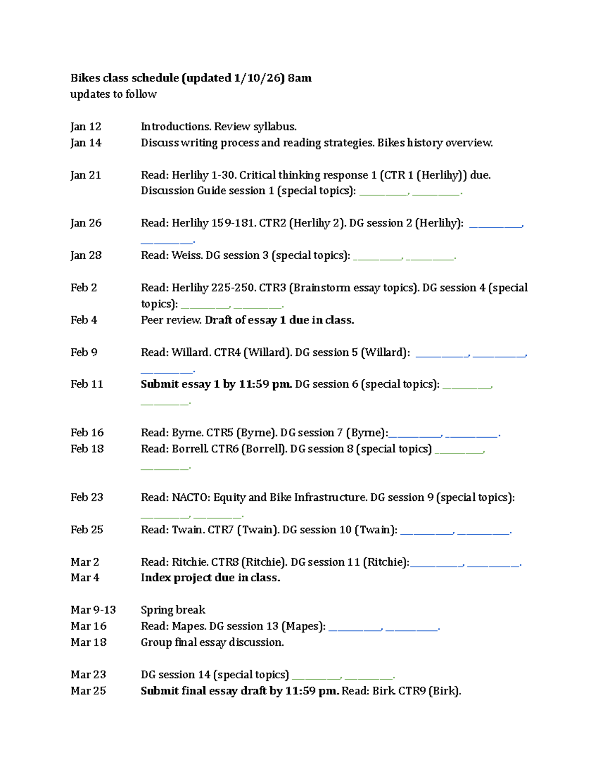 Bikes Class Schedule SP26: Important Dates & Readings - Studocu