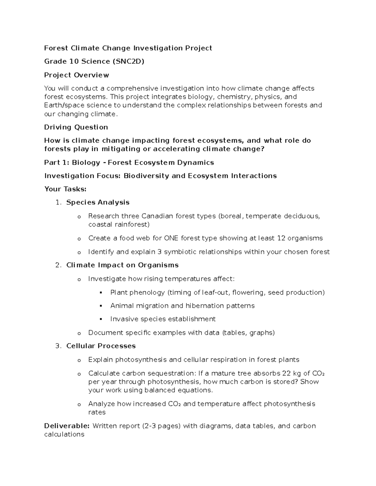 Forest Climate Change Investigation Project (SNC2D) Overview and Tasks ...