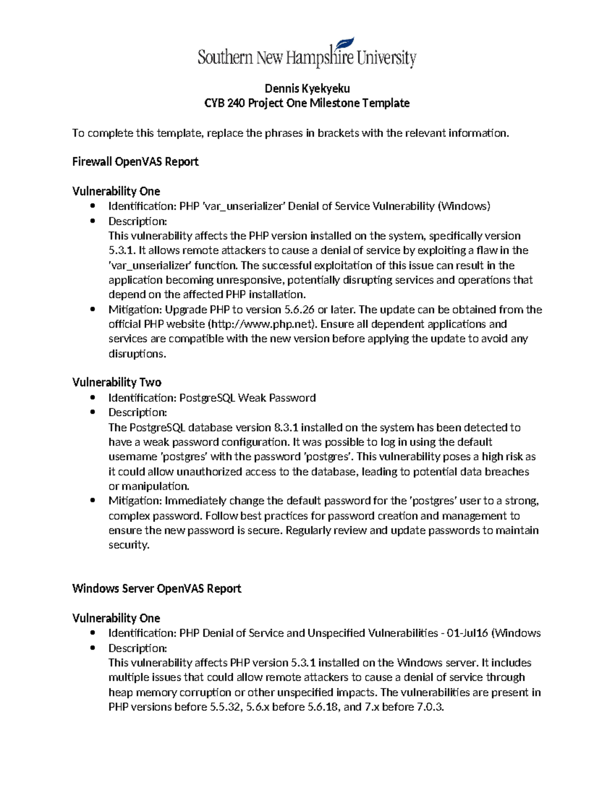 CYB 240 Project One Milestone: Vulnerability Assessment Report - Studocu