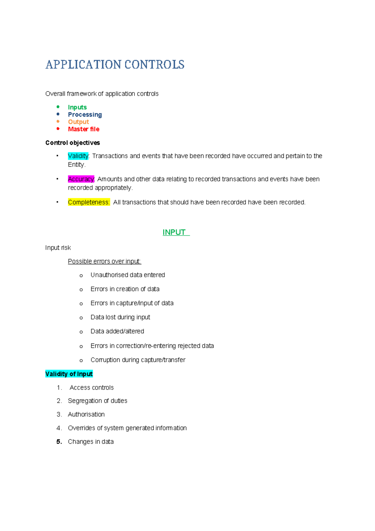 Application Controls Summary for Auditing 2B - Input & Accuracy - Studocu