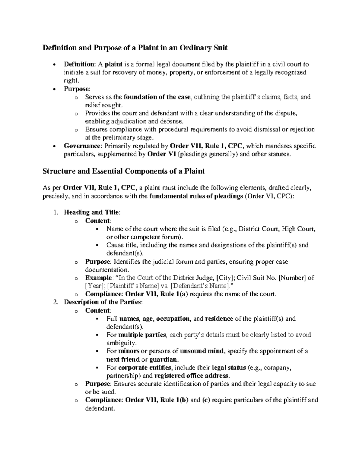 Understanding the Definition and Purpose of a Plaint in an Ordinary ...