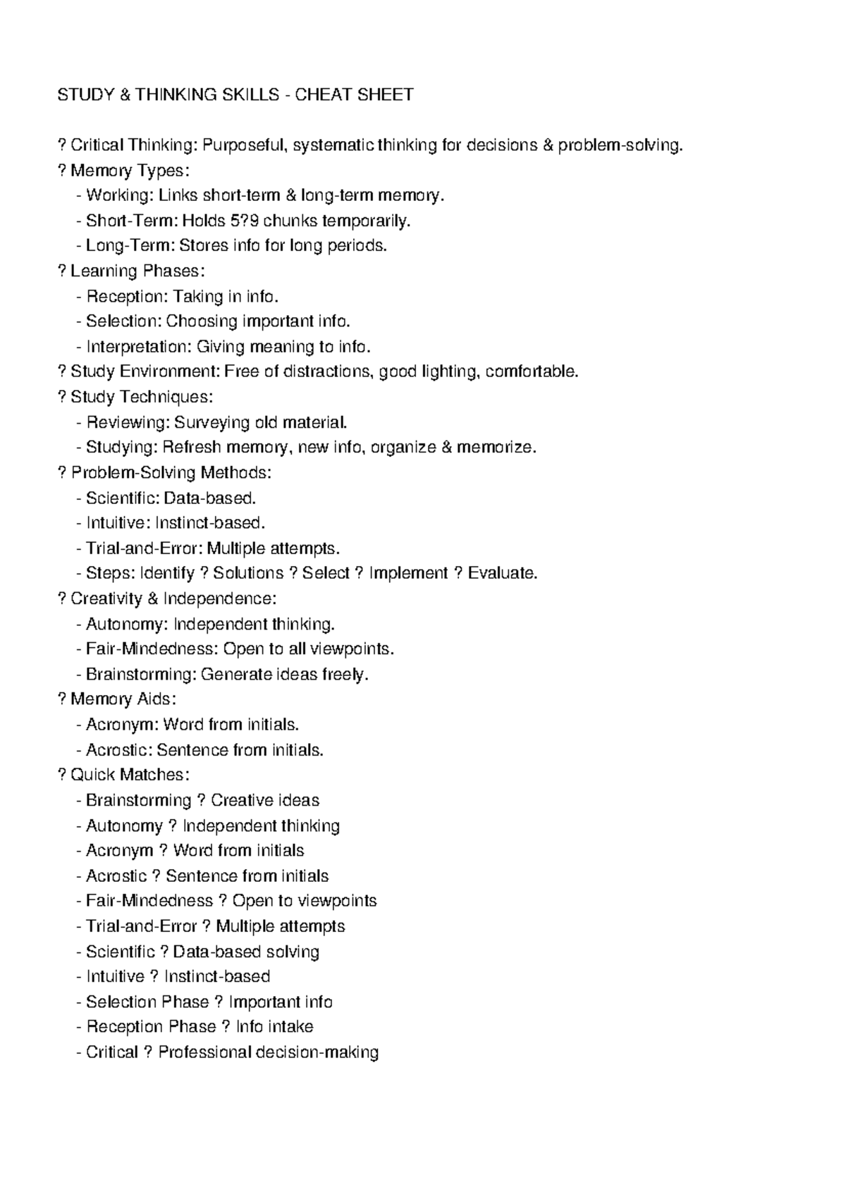 Thinking Skills Cheat Sheet: Critical Thinking & Memory Types - Studocu