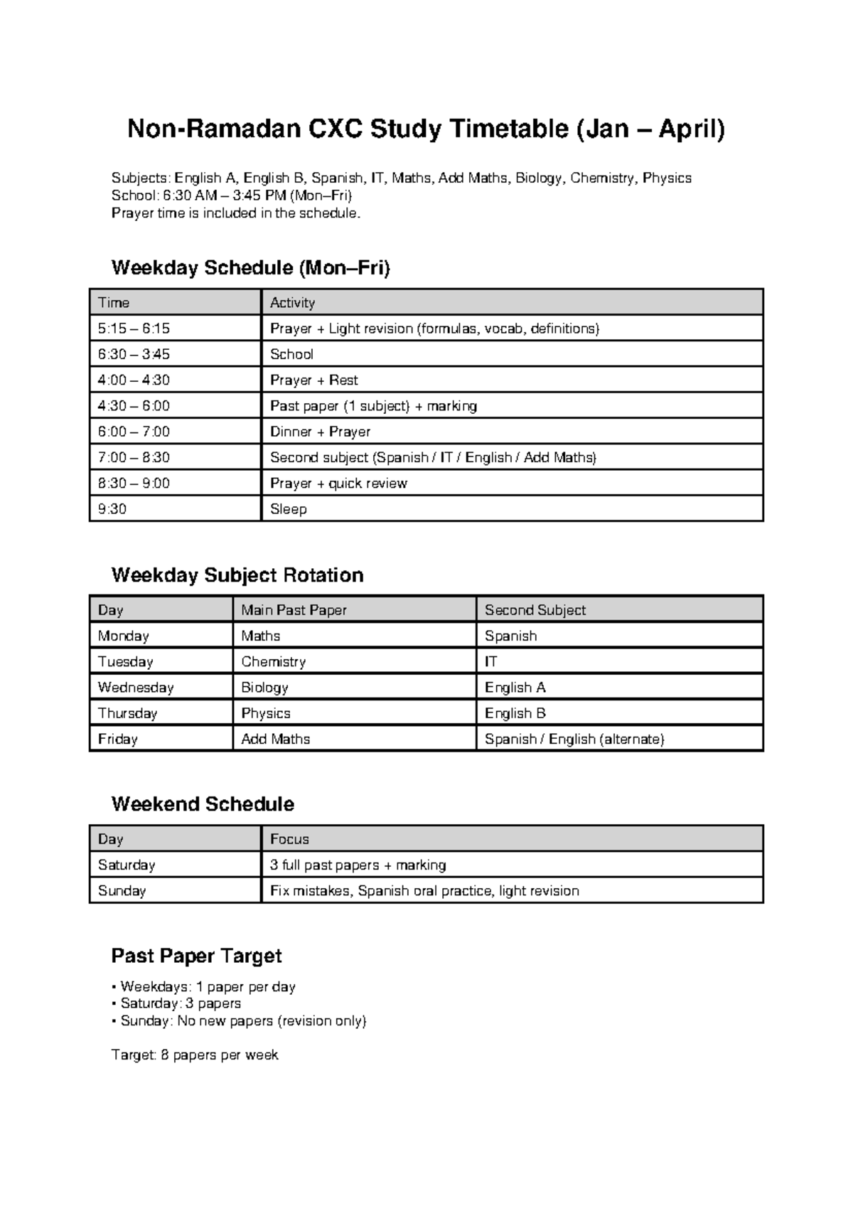 CXC Study Timetable: Physics Focus & Revision Plan - Studocu