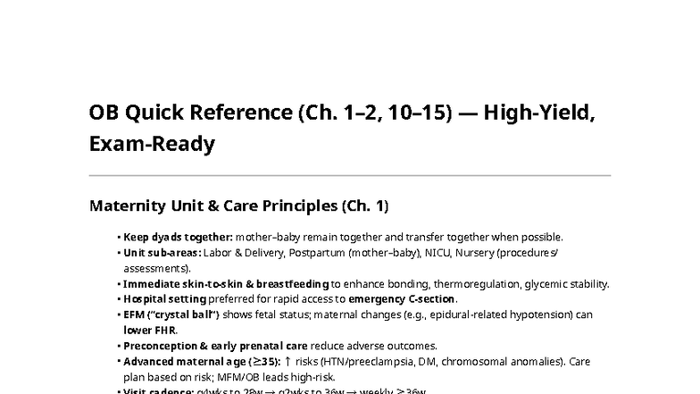 OB Exam 1 Reference - Maternity Unit Care Principles and Guidelines ...