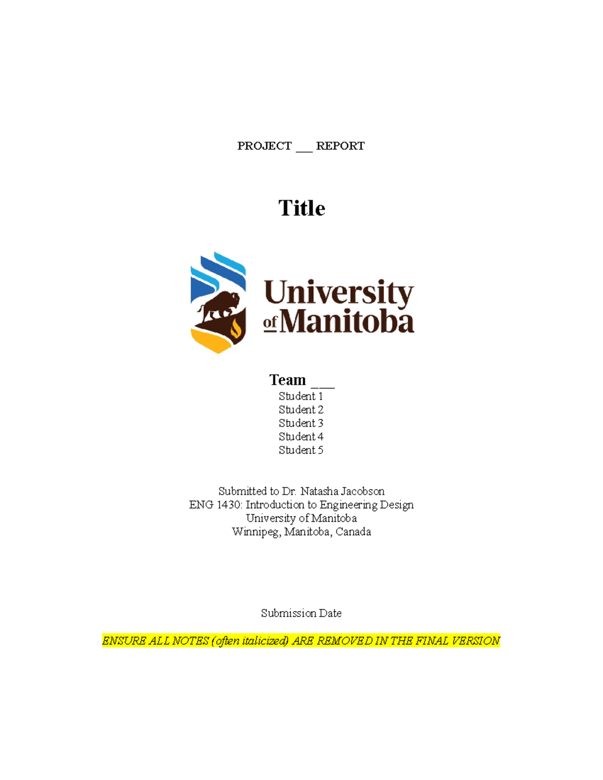 ENG 1430 Project 1 Technical Report Template for Submission W25 - Studocu