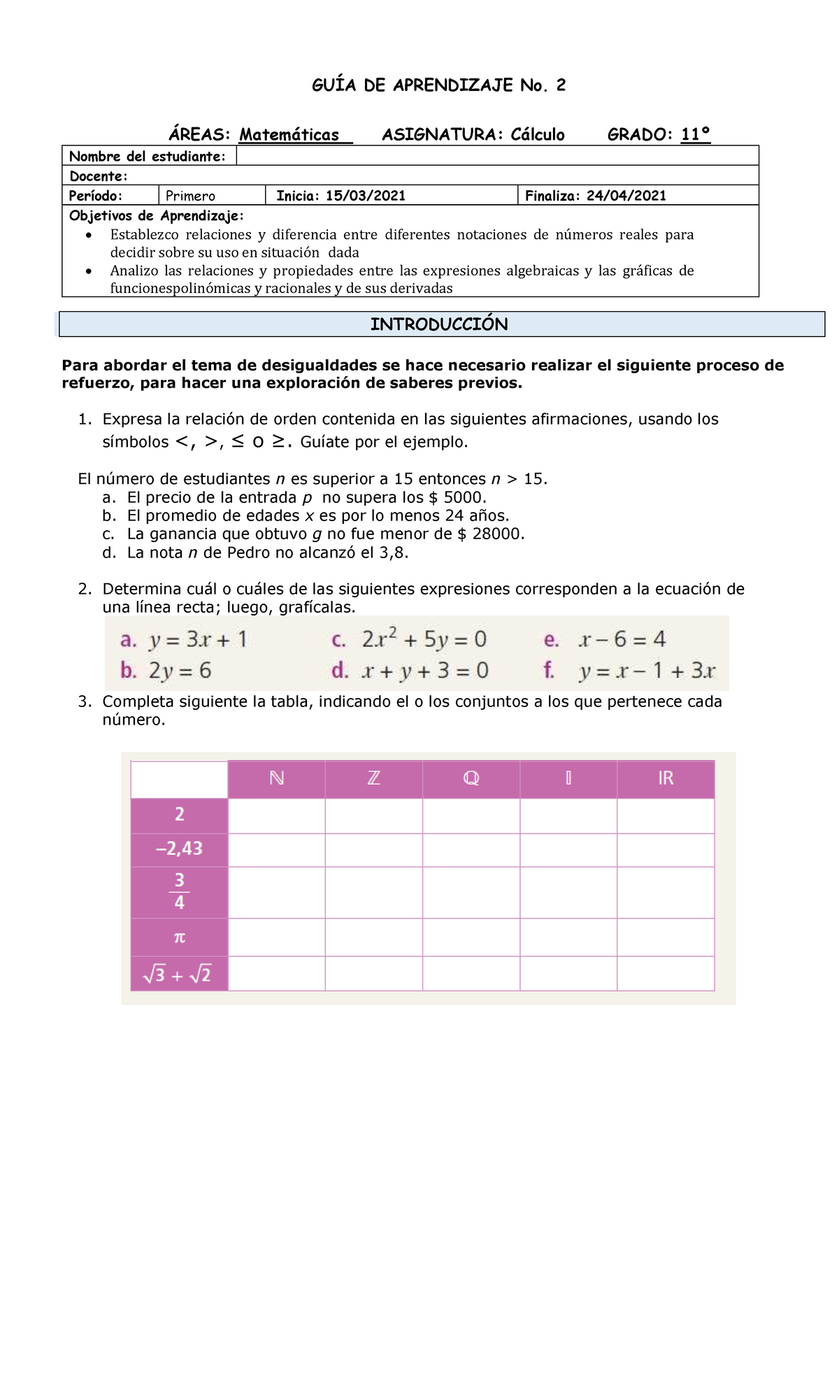 Guia Calculo 11° Periodo 1 - GUÍA DE APRENDIZAJE No. 2 ÁREAS: Matemáticas ASIGNATURA: Cálculo ...