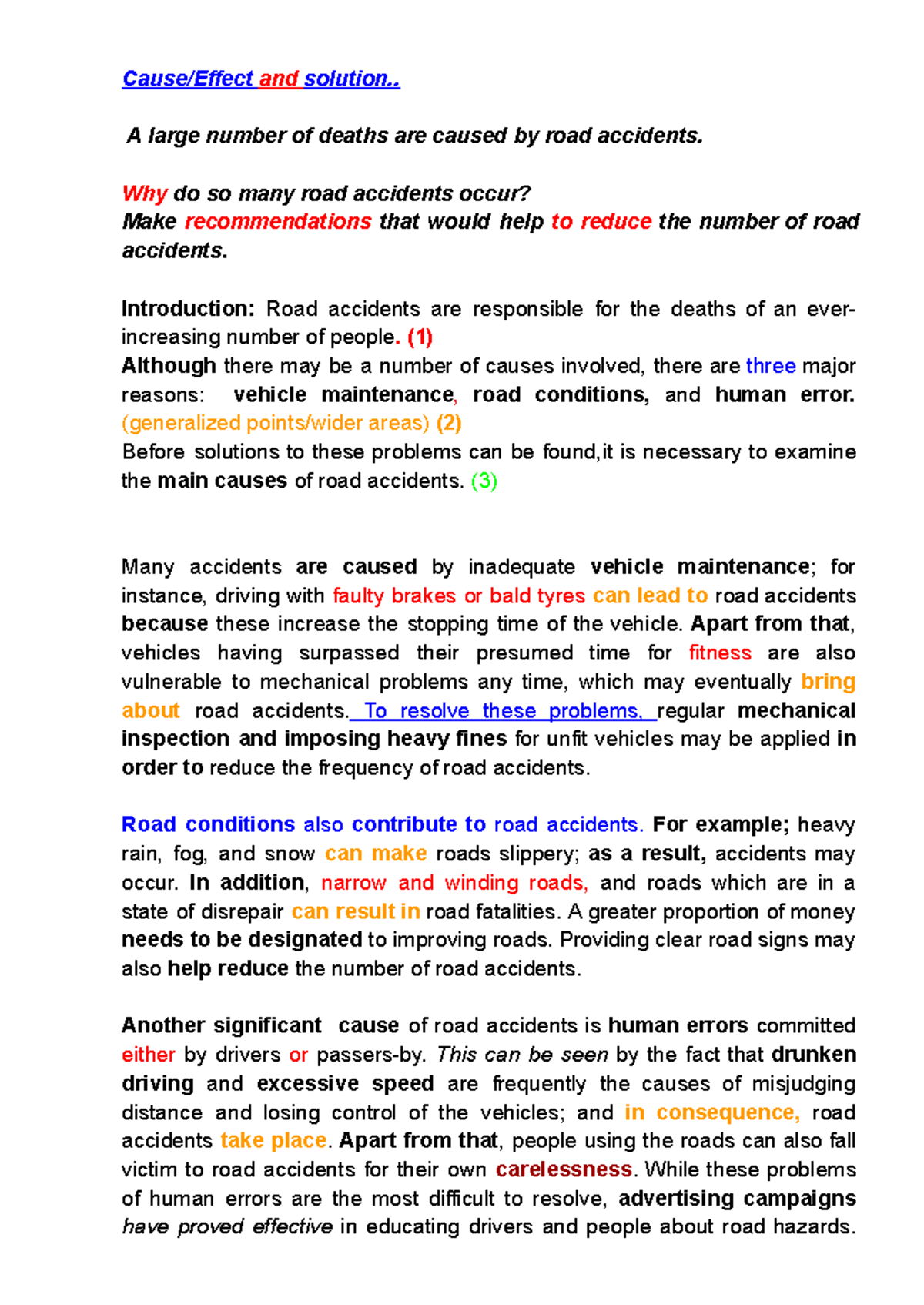 Writing Class T2 (24) - Road Accidents: Causes & Solutions - Studocu