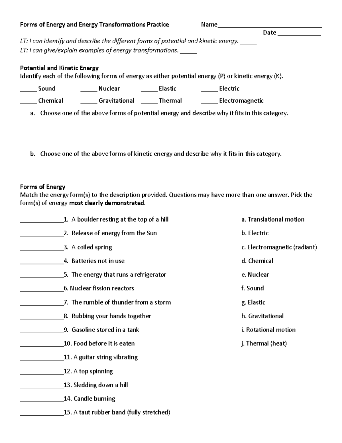 Energy Practice Worksheet: Forms & Transformations of Energy - Studocu