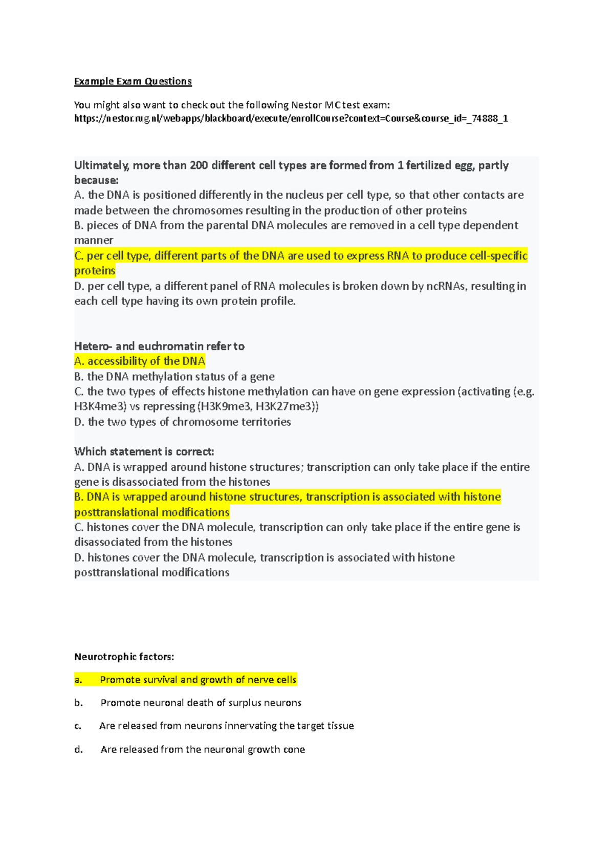 Example Exam Questions for Course _74888_ on Cell Differentiation ...