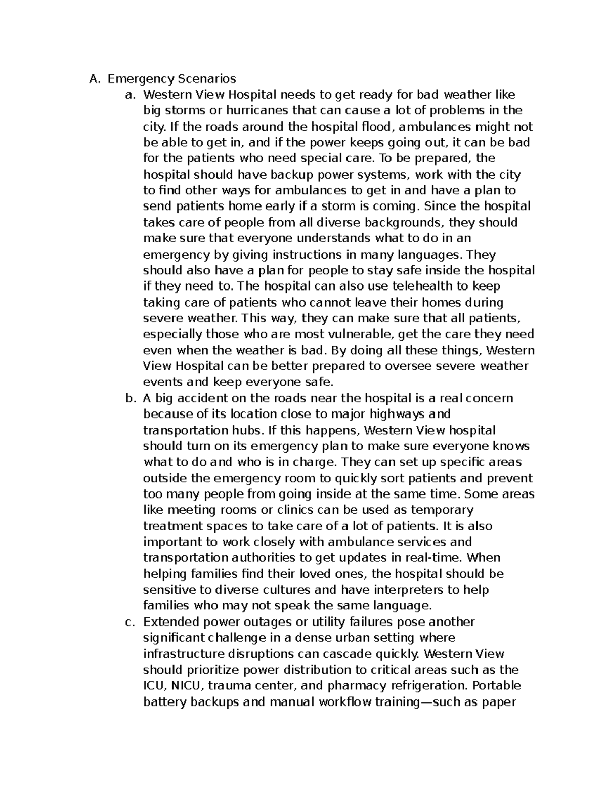 Emergency Preparedness Strategies for Western View Hospital (D548 ...