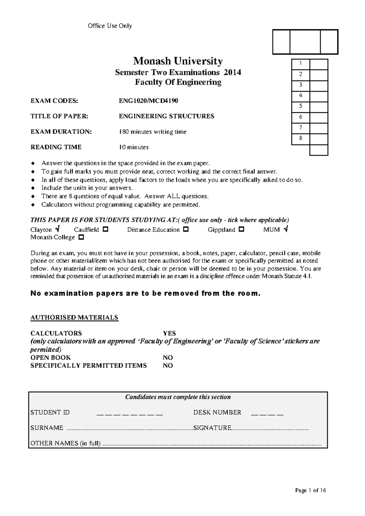 Exam sem2 14 soln - Can be used for ENG1011 - Office Use Only Monash University Semester Two ...