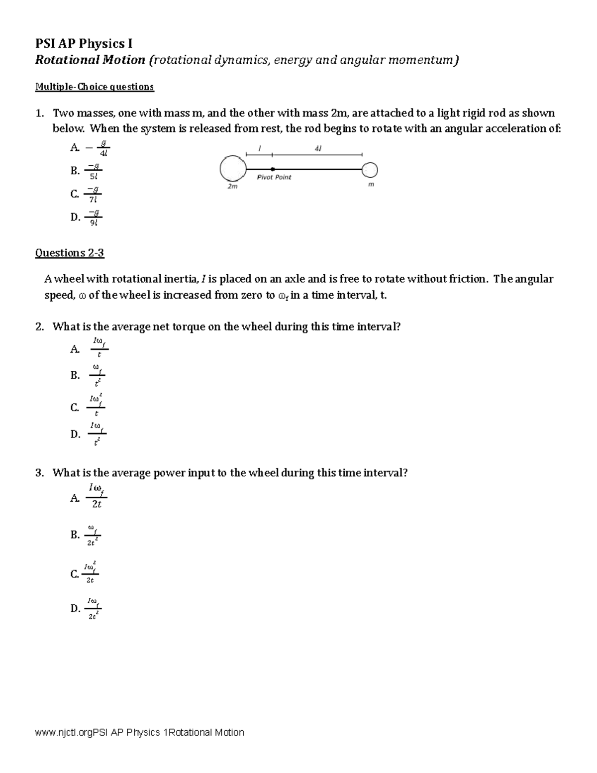 PSI AP Physics I Rotational Motion MC Questions (Dynamics, Energy ...