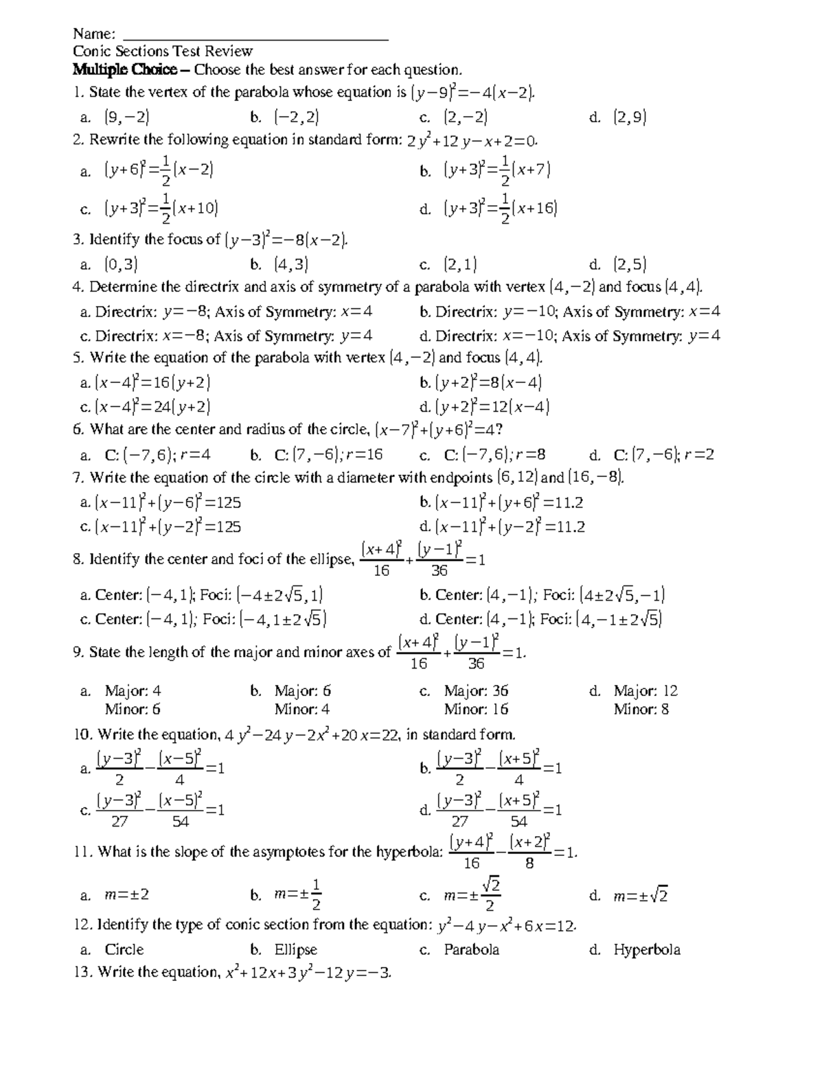 Conics Unit Test Review (MATH 101) - Expert Question Guide - Studocu