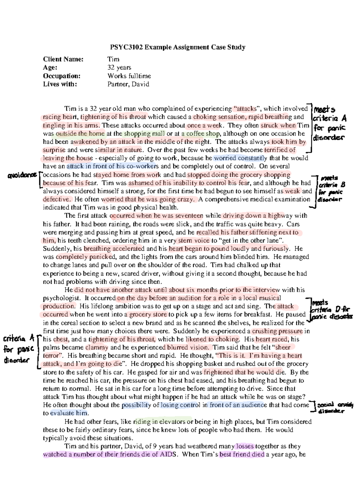PSYC3102 Case Study: Annotations on Tim's Panic Attacks and Fears - Studocu