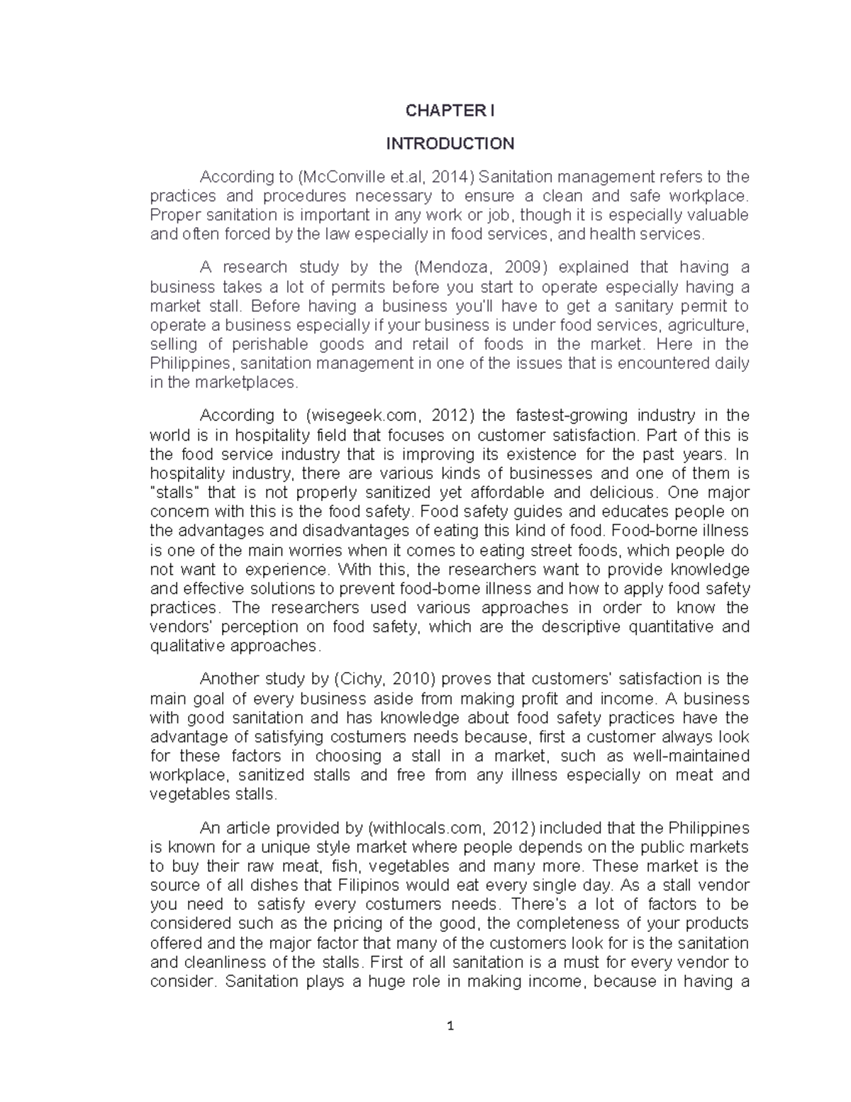 Chapter 1: Final Research Paper on Sanitation Management in Food ...