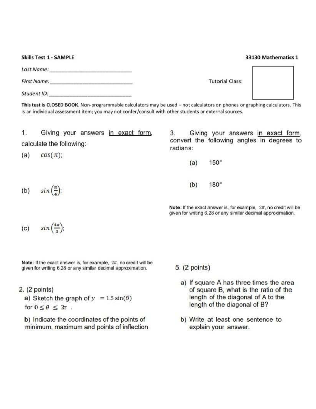 Skills Test SAMPLE 33130: Mathematics 1 Practice Questions - Studocu