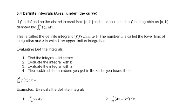 5.4 & 5.5 Definite Integrals and Area Between Curves Notes - Studocu