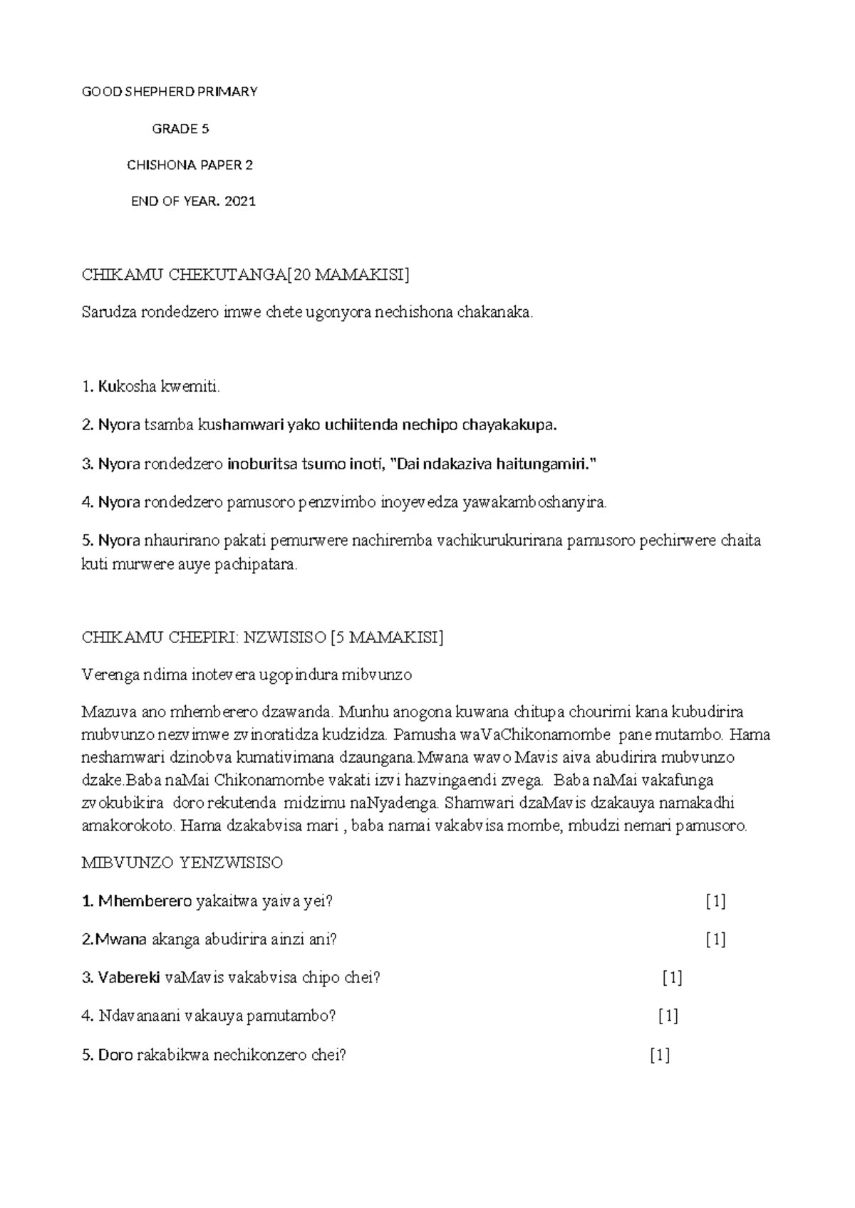 Grade 5 Chishona Paper 2 - End of Year Exam 2021 - Studocu
