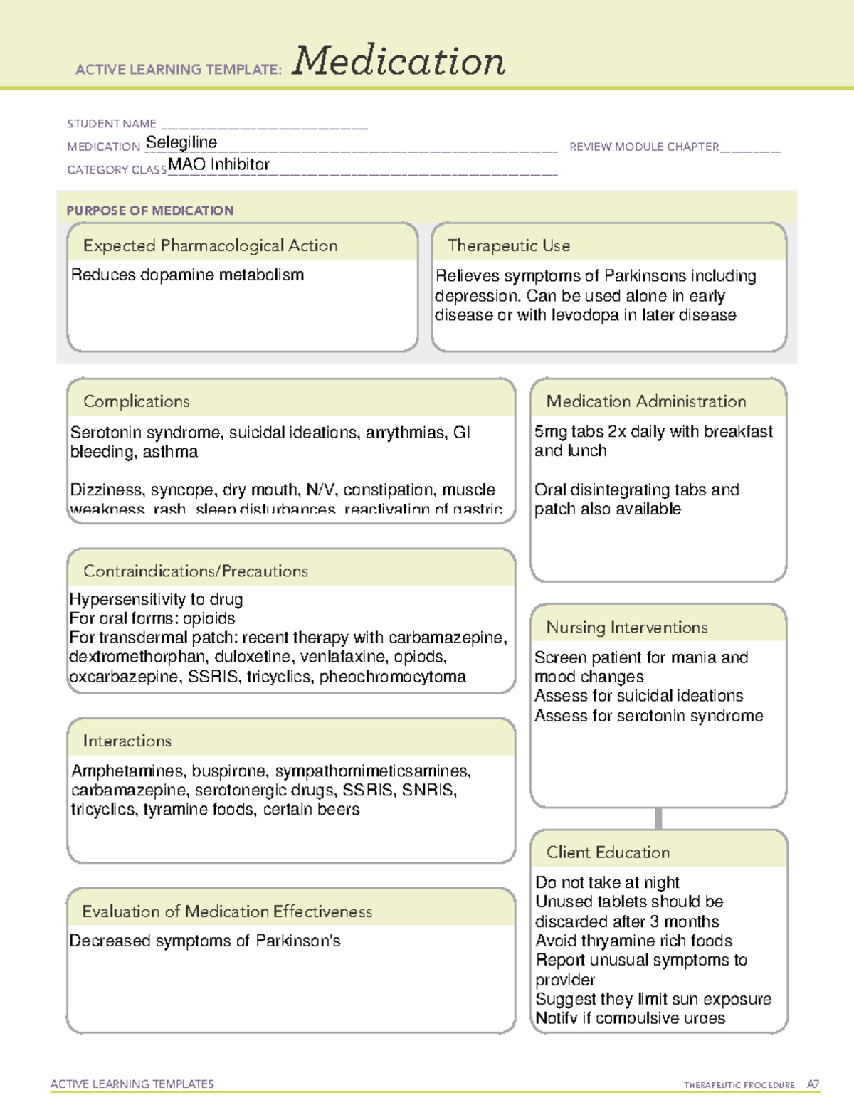 Selegiline (MAOI) Active Learning Template for ATI Assignments - Studocu