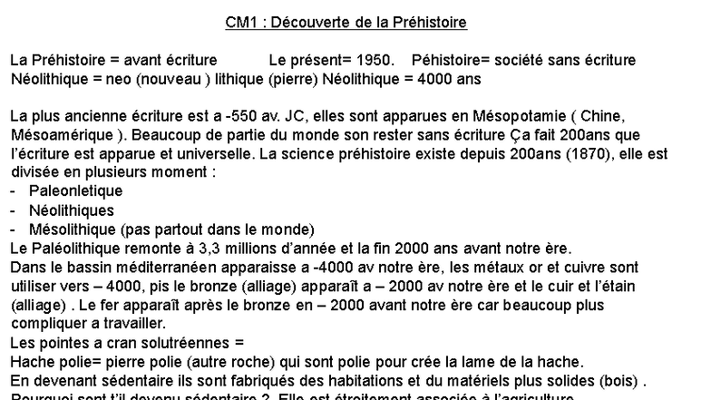 CM1 : Notes de Cours sur la Préhistoire et ses Écritures - Studocu