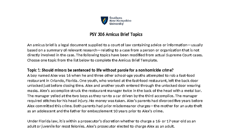 PSY 306 Amicus Brief Topic Selection and Guidelines - Studocu