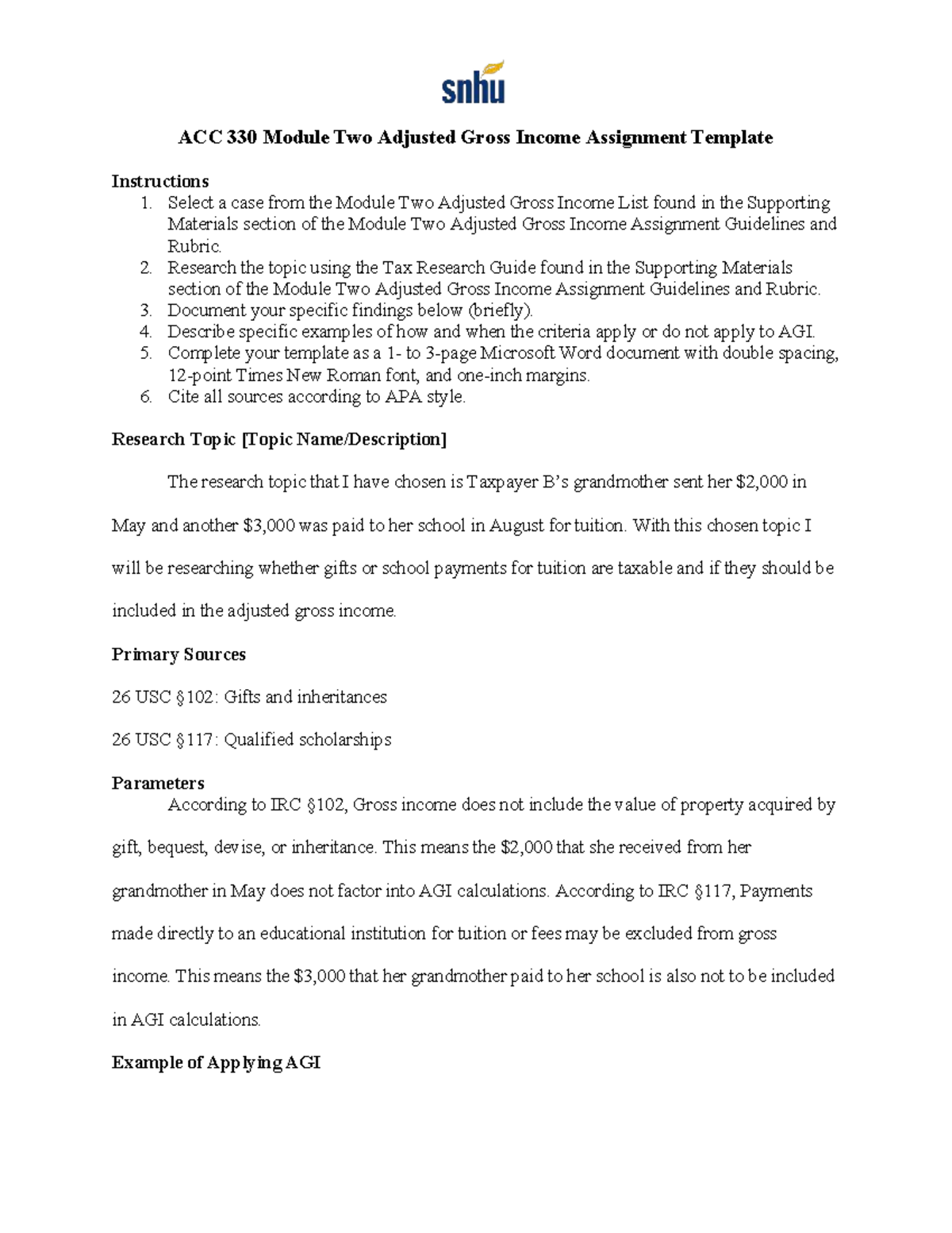 ACC 330 Module Two AGI Assignment Template Instructions - Studocu
