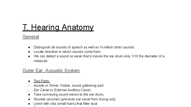 Hearing Anatomy (Course Code: T) - Overview of Ear Structure & Function - Studocu