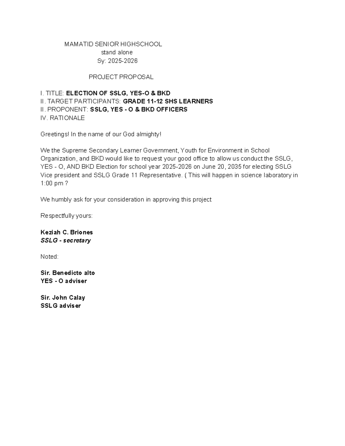 MAMATID SENIOR HIGH SCHOOL: SSLG, YES O & BKD Election Proposal - Studocu