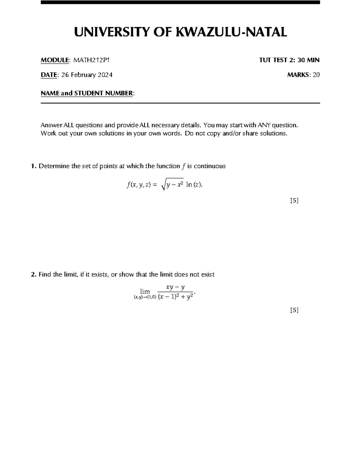 MATH212 TUT TEST 2 2024 - Continuity and Limits Analysis - Studocu