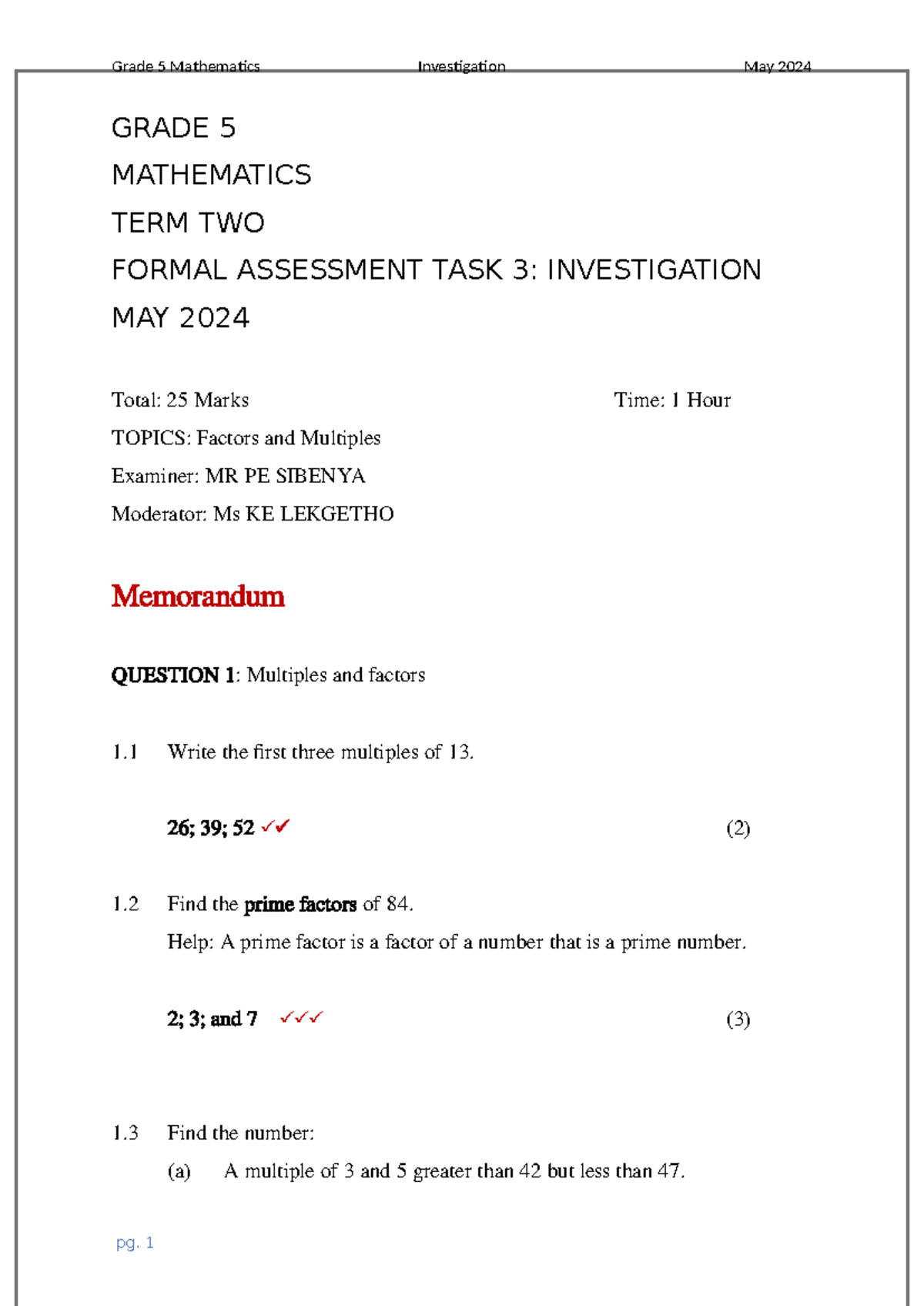 Grade 5 Maths Term 2 Formal Assessment Task 3 Memo - May 2024 - Studocu