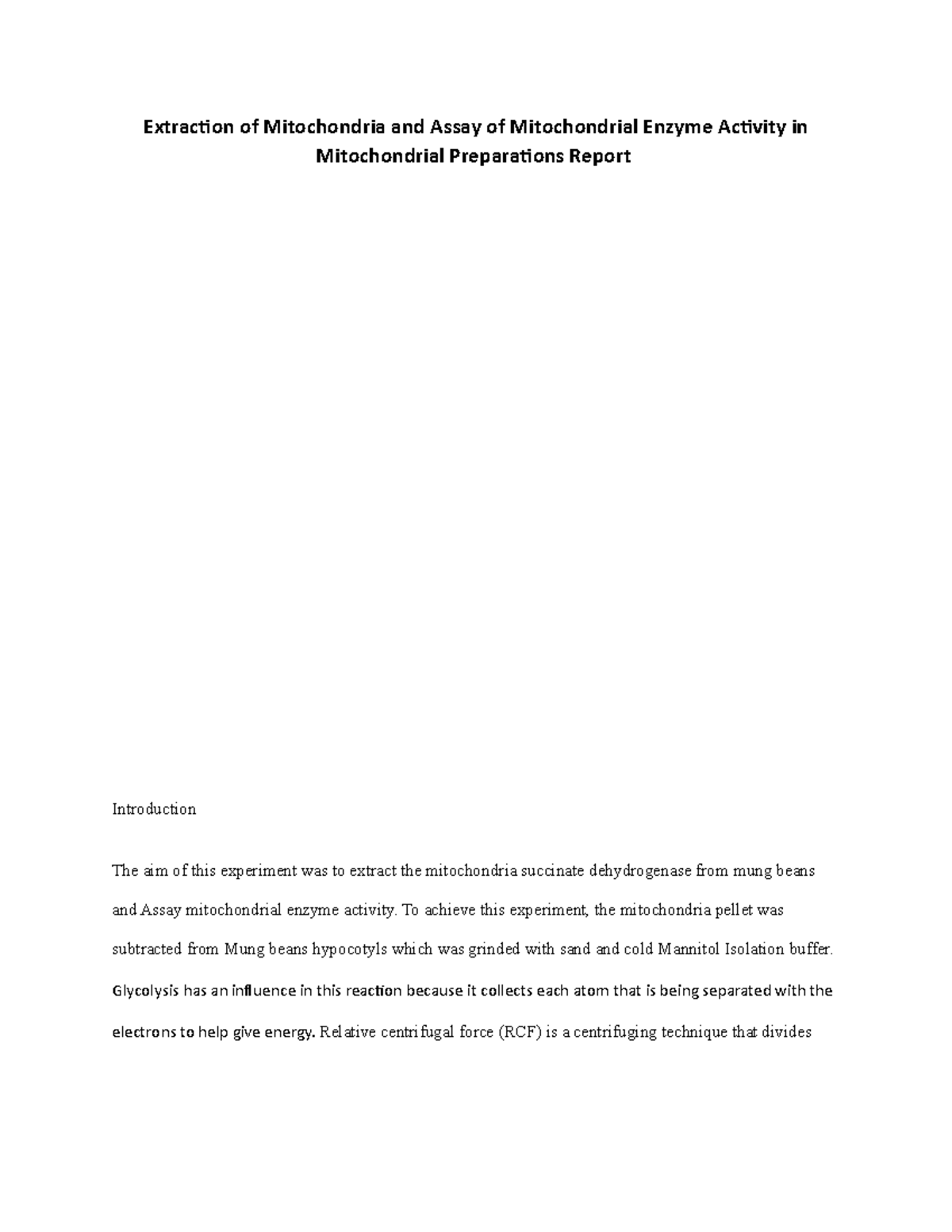 Mitochondrial Extraction and Enzyme Activity Assay Lab Report (Bio 210 ...