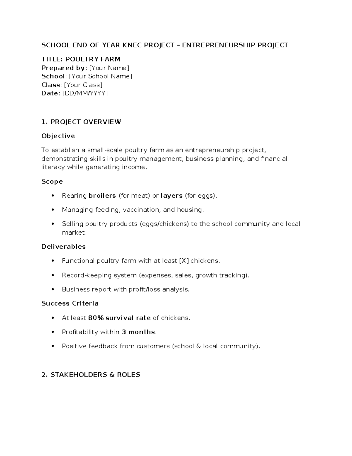 KNEC End of Year Project: Poultry Farming Entrepreneurship Plan - Studocu