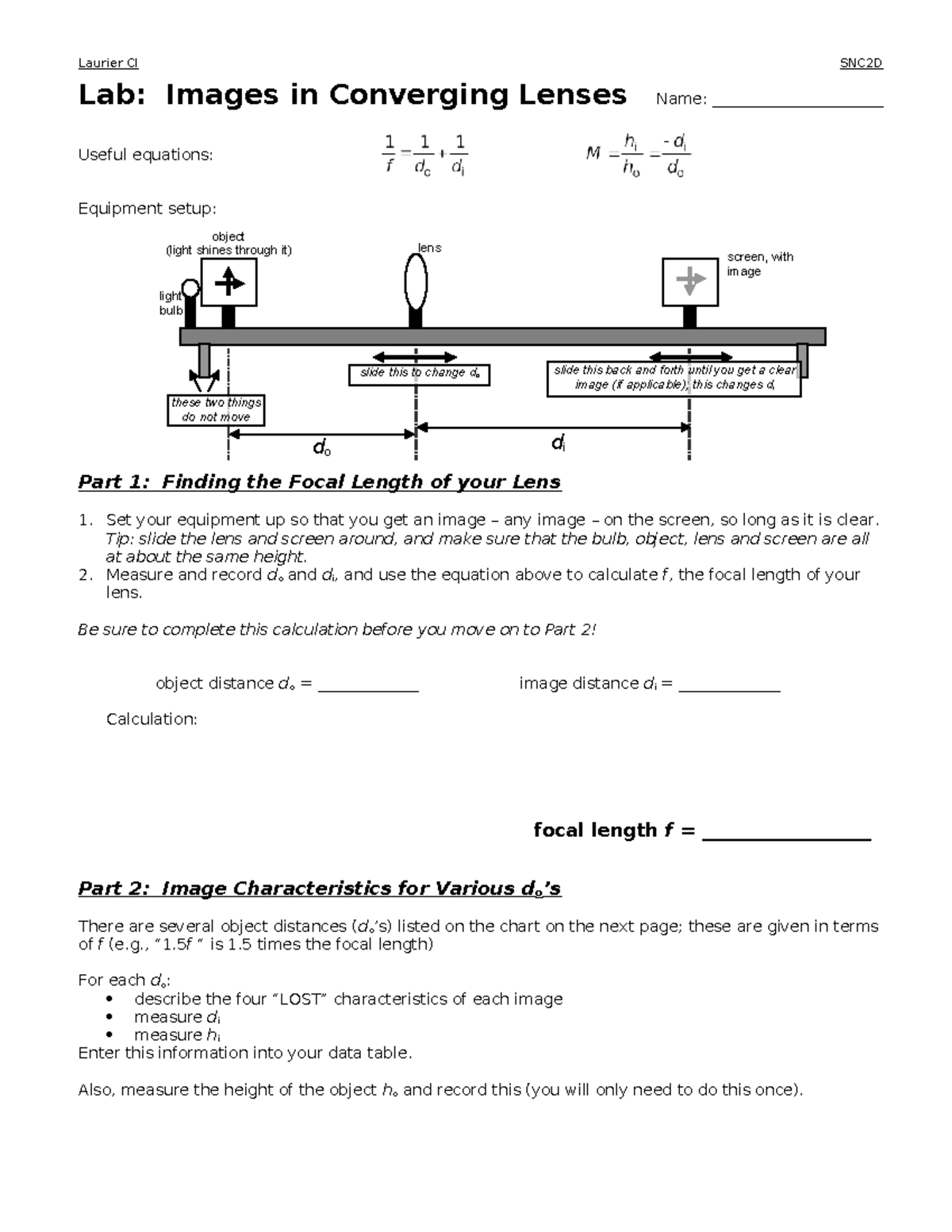 SNC2D Lab: Exploring Focal Length & Image Characteristics in Lenses ...