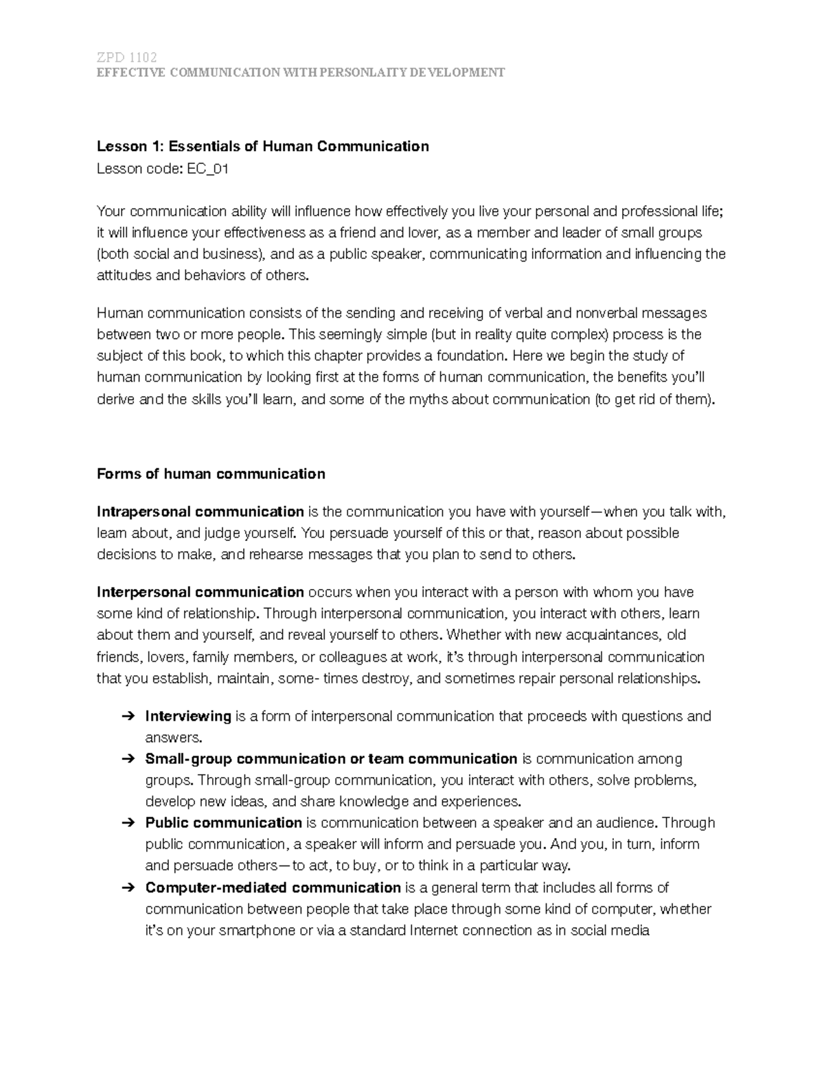 ZPD 1102 I. Essentials of Human Communication: Key Concepts & Skills ...